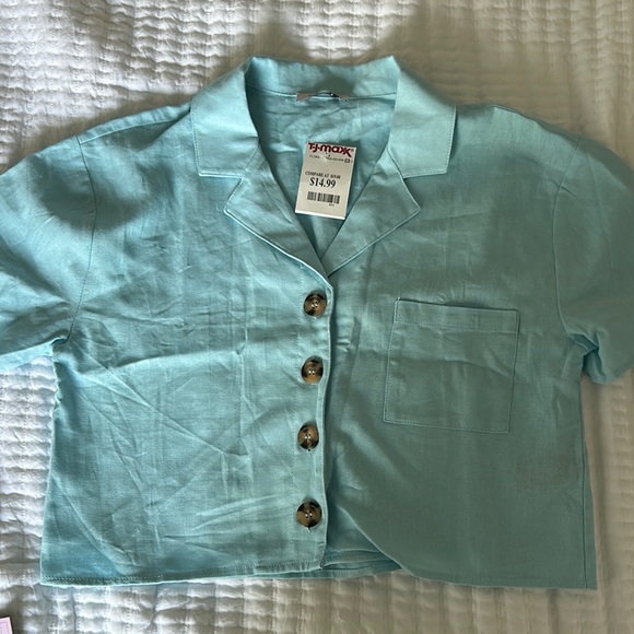 Tops | Nwt Linen Light Blue Button Crop Top | Poshmark